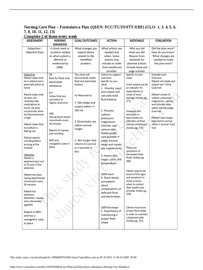 Risk For Fluid and Electrolyte Imbalances Nursing Care Plan | PDF ...