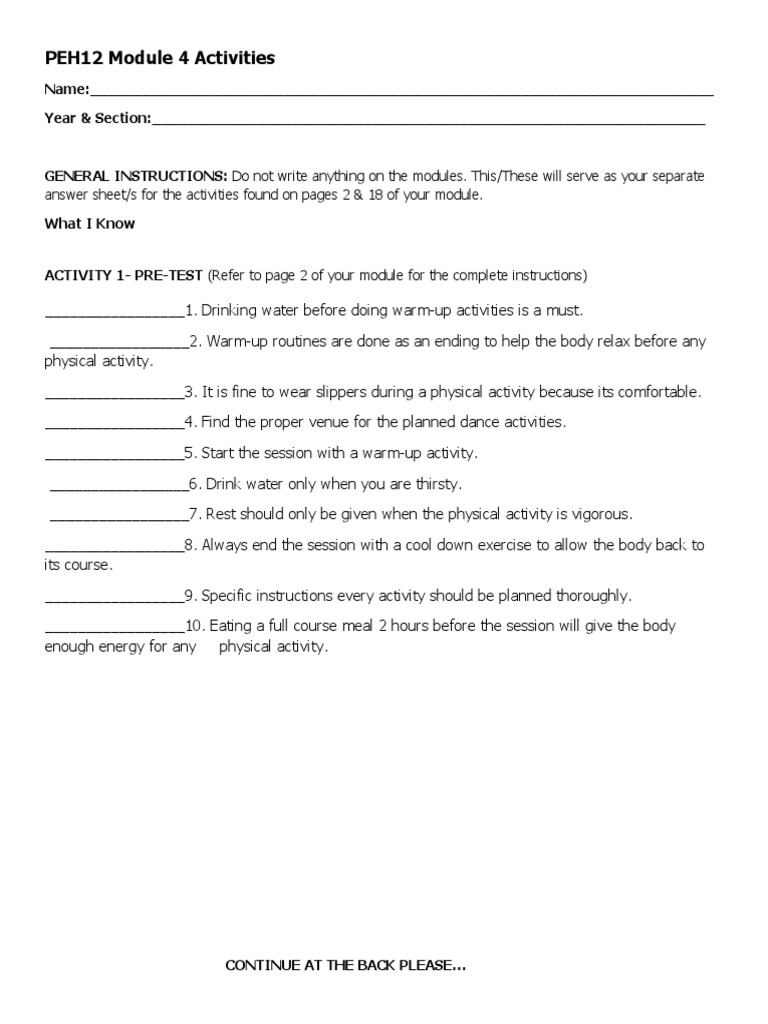 PEH12 Module 4 Activities: Answer Sheet/s For The Activities Found On ...