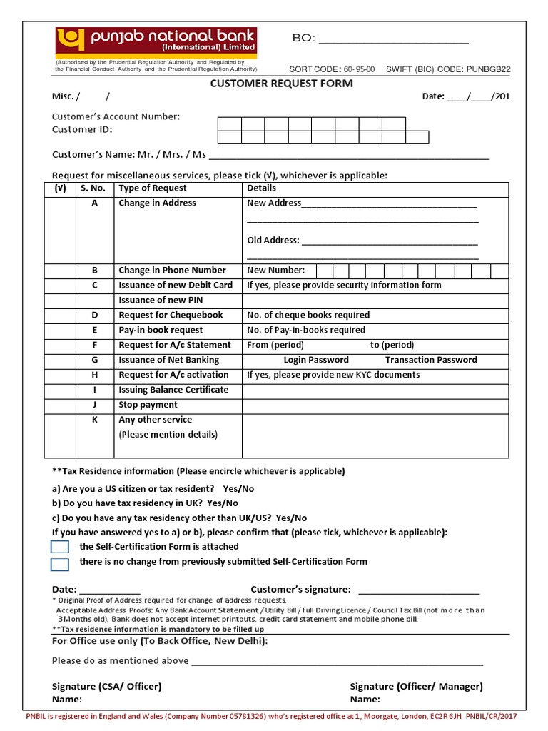 PNB Request Form | PDF | Cheque | Banks