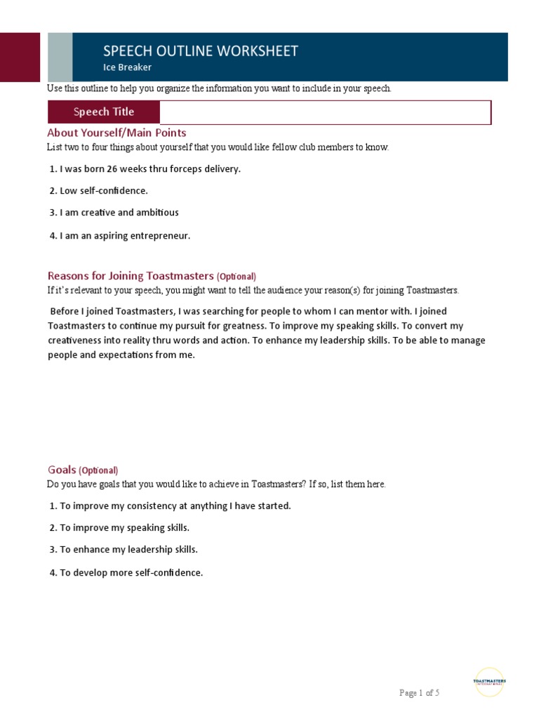 8012 Ice Breaker Speech Outline Worksheet | PDF