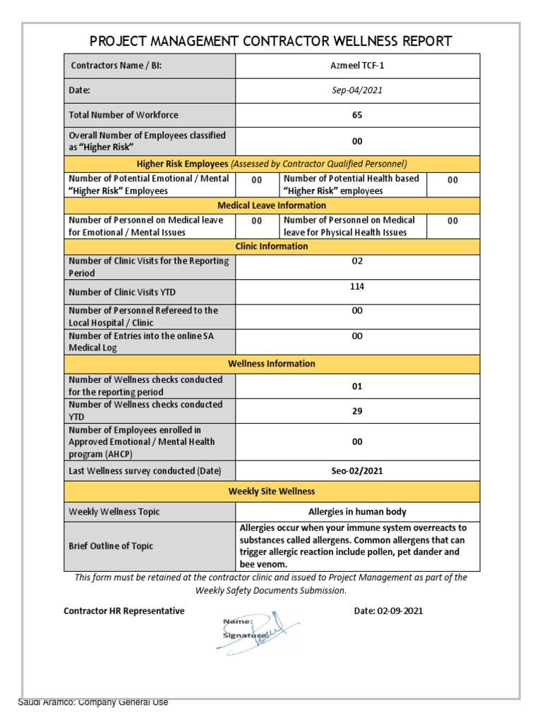 Project Management Contractor Wellness Report: Saudi Aramco: Company ...