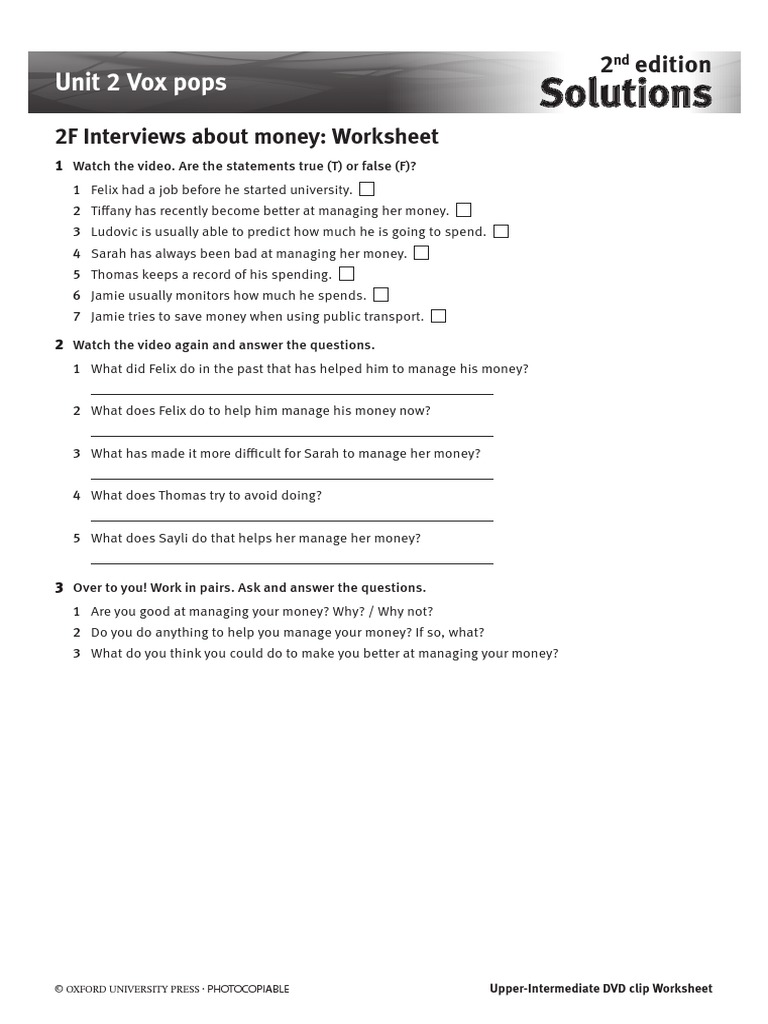Unit 2 Vox Pops: 2F Interviews About Money: Worksheet | PDF