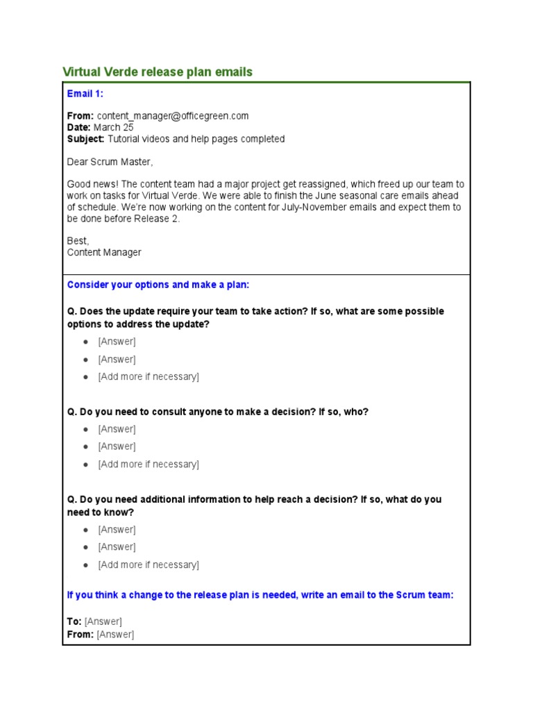 Virtual Verde Release Plan Emails: Email 1 | PDF | Scrum (Software ...