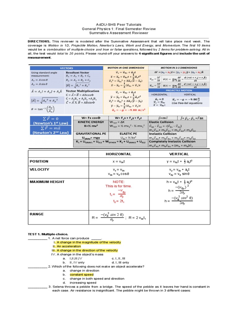 Gen. Physics 1 Summative Reviewer | PDF | Kinetic Energy | Projectiles
