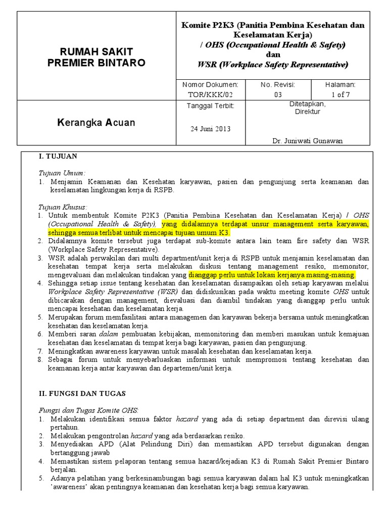 TOR 02 Komite K3 Atau OHS Dan WSR Rev 03 | PDF