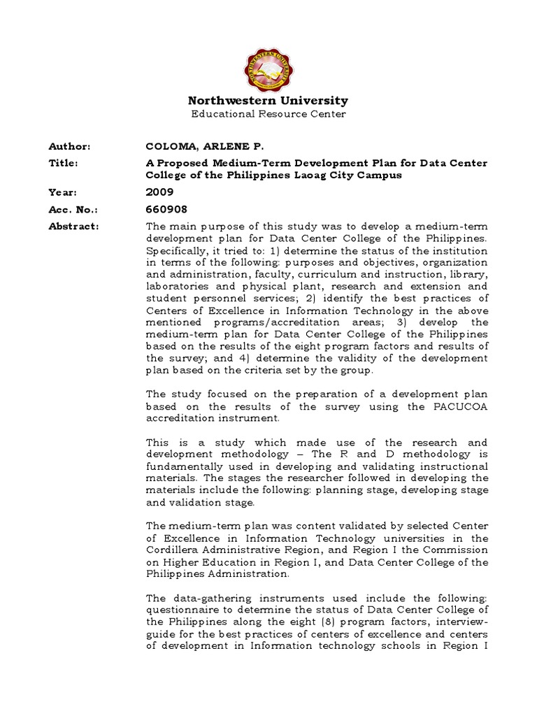 A Proposed Medium-Term Development Plan For Data Center College of The ...