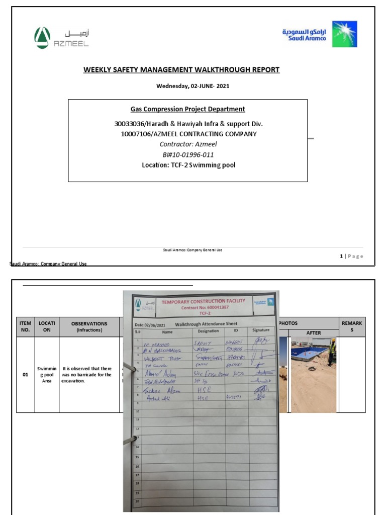 Weekly Safety Management Walkthrough Report: Gas Compression Project ...