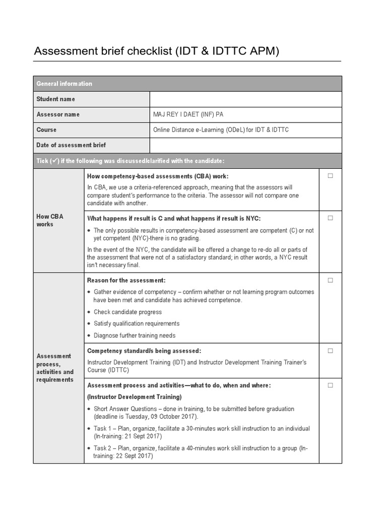 Assessment Brief Checklist (IDT-IDTTC PMA) | PDF | Communication | Teaching