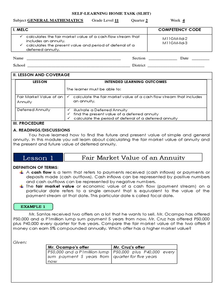 Lesson 1: Fair Market Value of An Annuity | PDF | Present Value ...