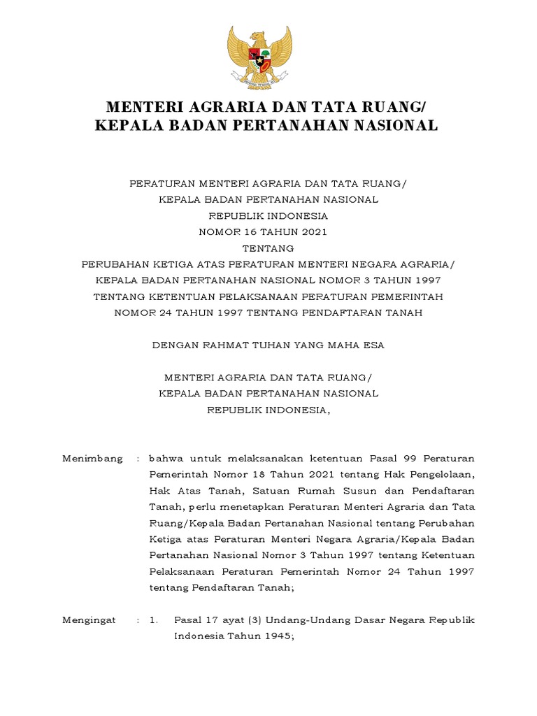 Permen ATR KBPN No. 16 Tahun 2021 | PDF