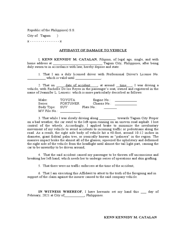 Affidavit of Damage To Vehicle | PDF | Vehicles | Car