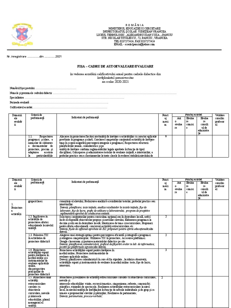 Fișa Cadru de Autoevaluare Evaluare Cadre Didactice 2020-2021 | PDF