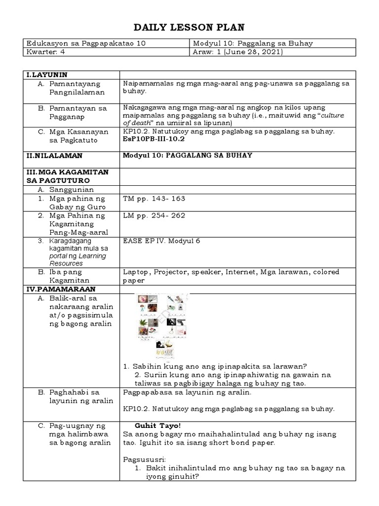 Daily Lesson Plan Esp 10 Paggalang Sa Buhay | PDF