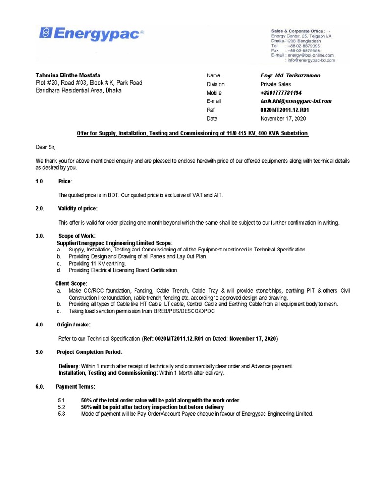 400 KVA Substation Supply Proposal | PDF | Transformer | Payments