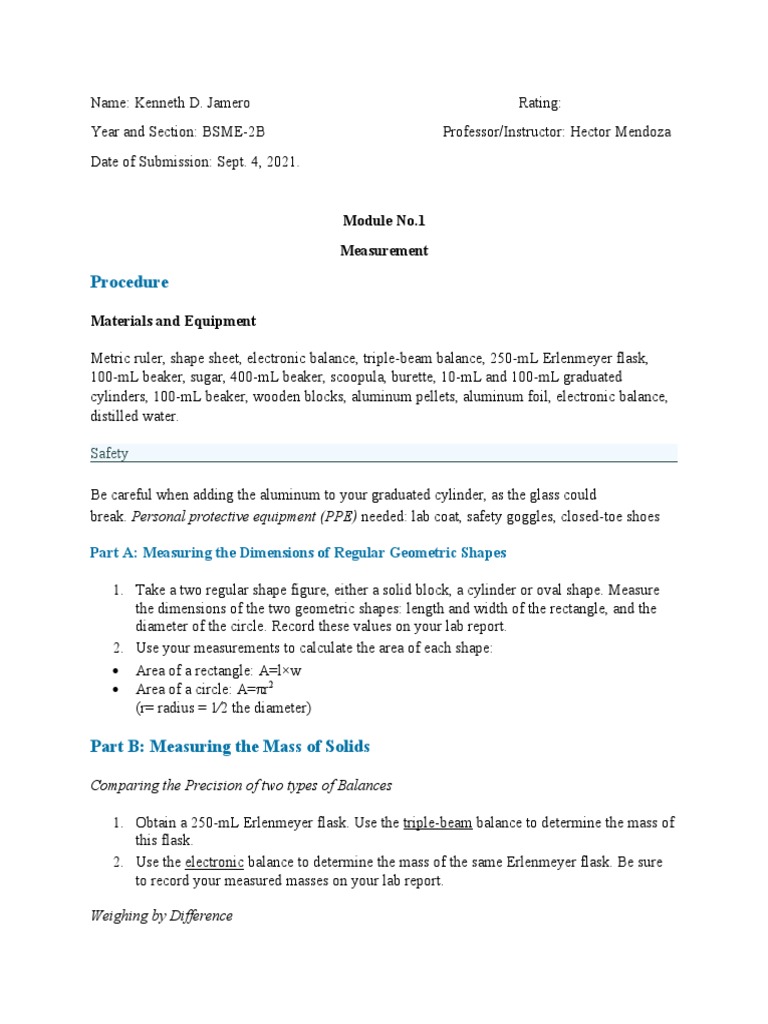 Procedure: Module No.1 Measurement | PDF | Density | Volume
