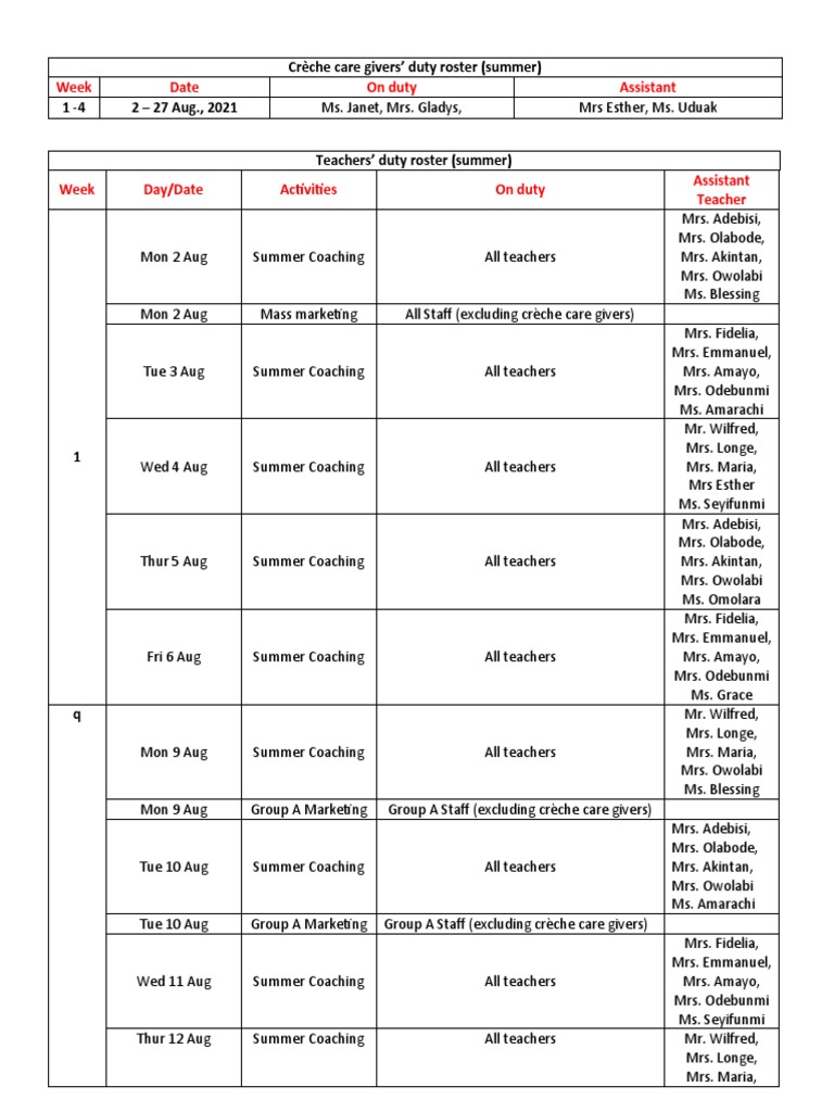 Duty Roster For Summer School 2021 | PDF | Child Care | Relationships