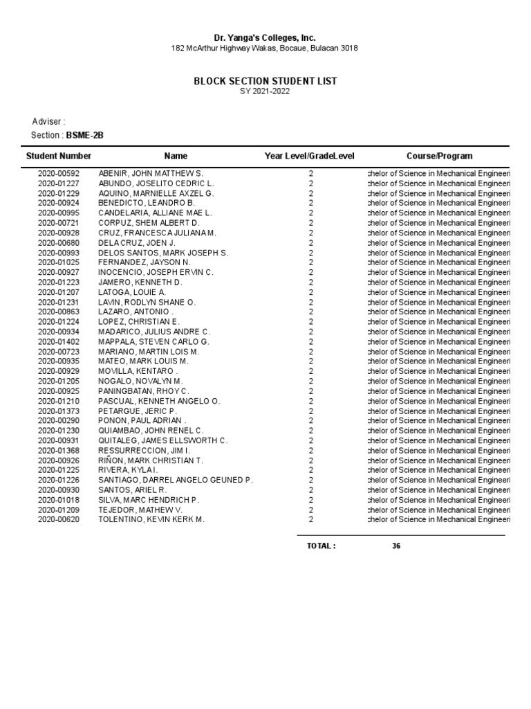 Block Section Student List: Adviser: Section: BSME-2B | Download Free ...