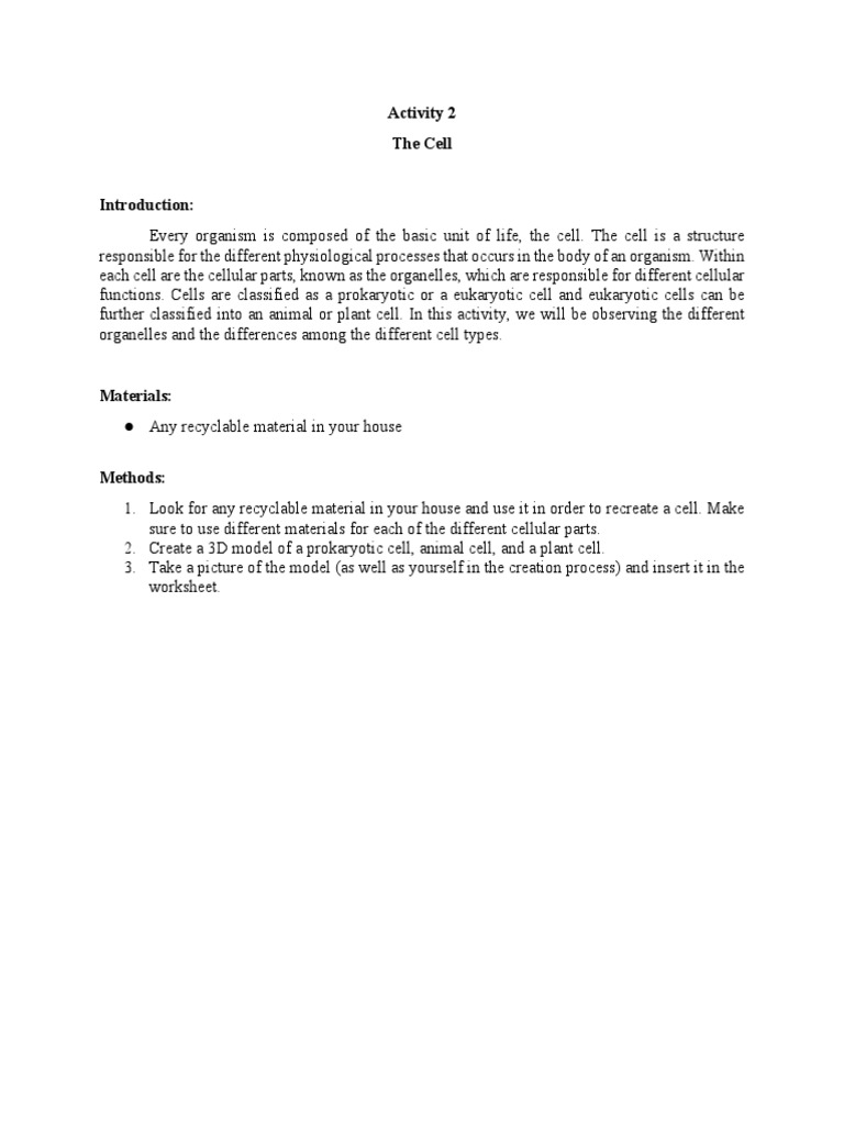 Biology Worksheet Activity 2 The Cell | PDF | Cell (Biology) | Prokaryote