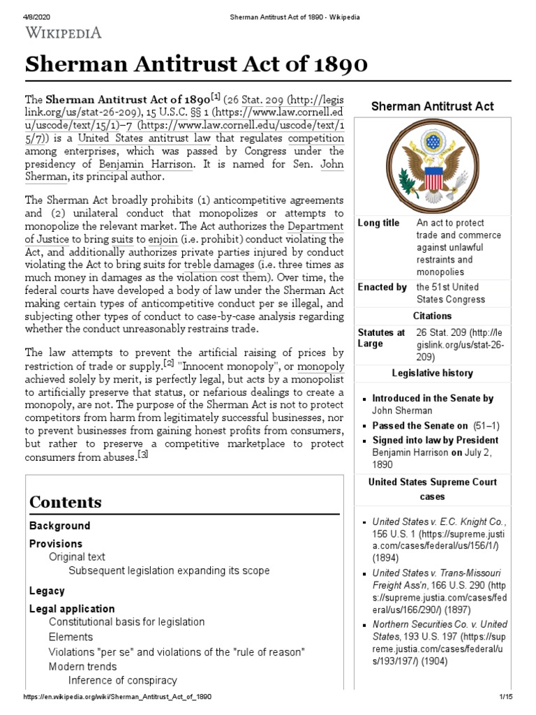 Unit 2 Sherman Antitrust Act of 1890 | Download Free PDF | Government ...