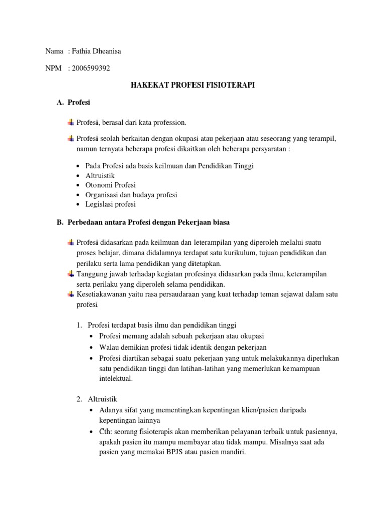 Fathia Dheanisa - 2006599392 - Resume Hakekat Profesi Fisioterapi | PDF