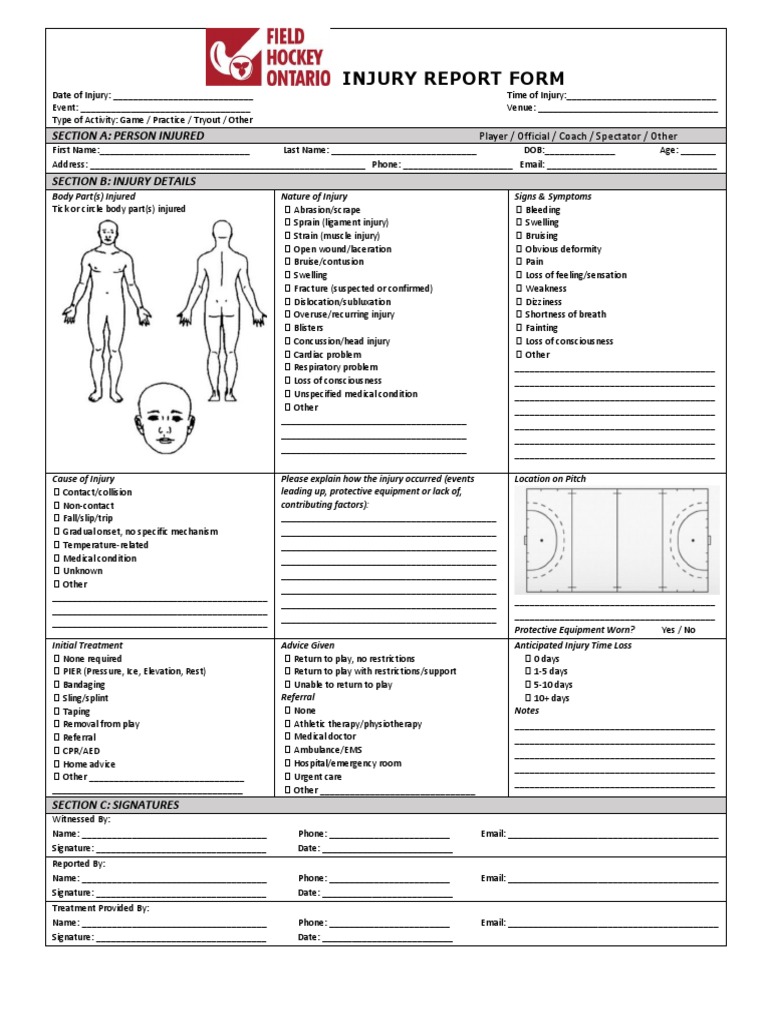 Injury Report Form: Section A: Person Injured Section B: Injury Details ...