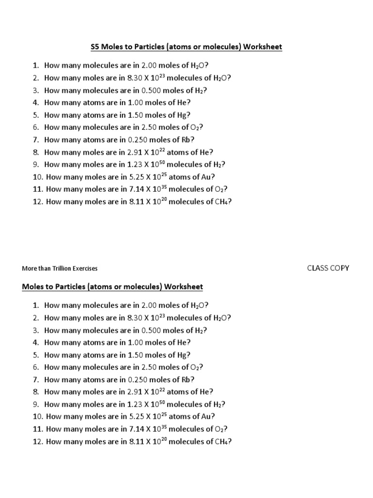 Moles to Particles Worksheet Answers | PDF | Mole (Unit) | Molecules