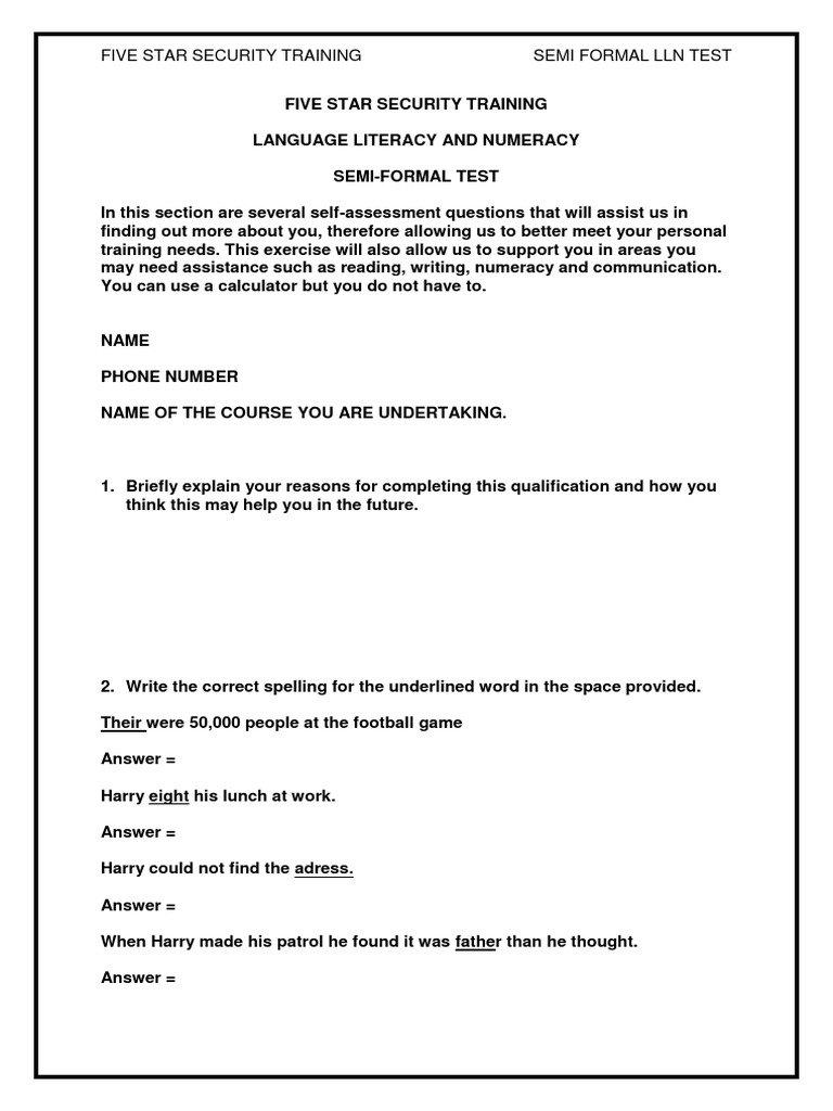 Five Star Security Training Semi Formal LLN Test | PDF
