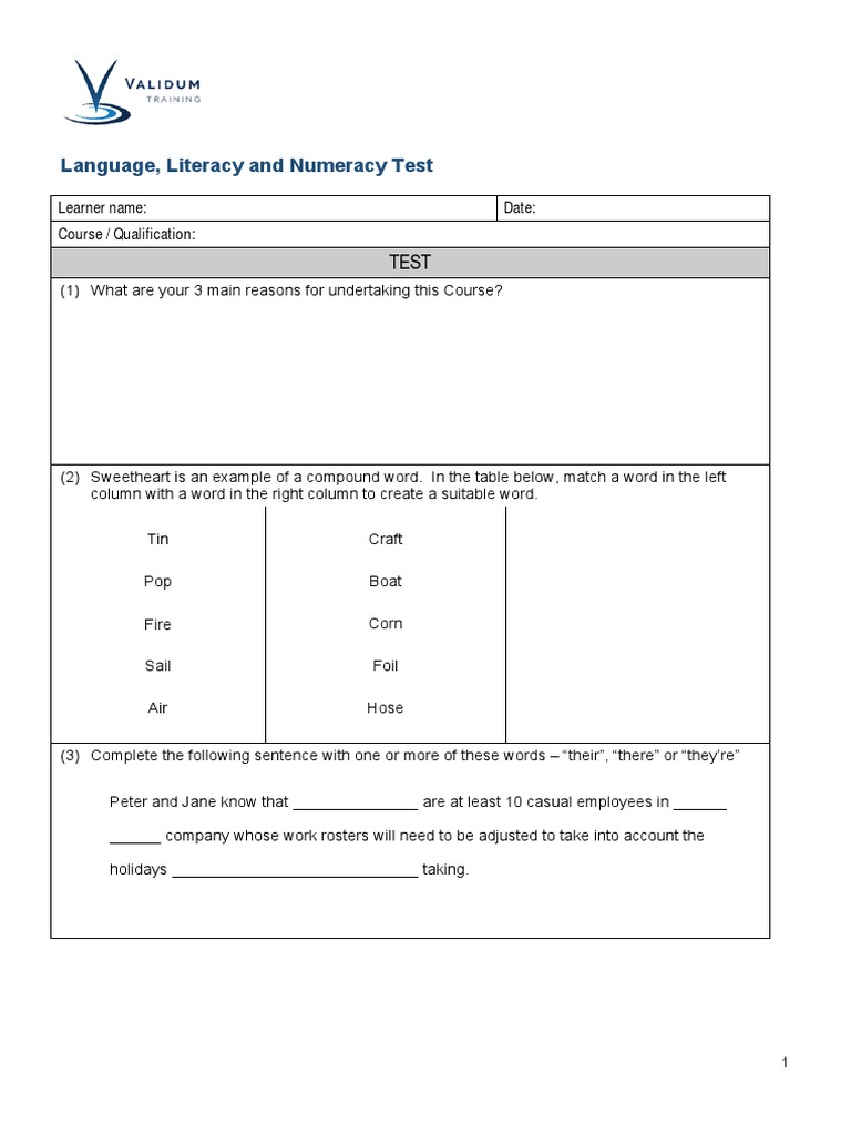 Language, Literacy and Numeracy Test: Learner Name: Date: Course ...