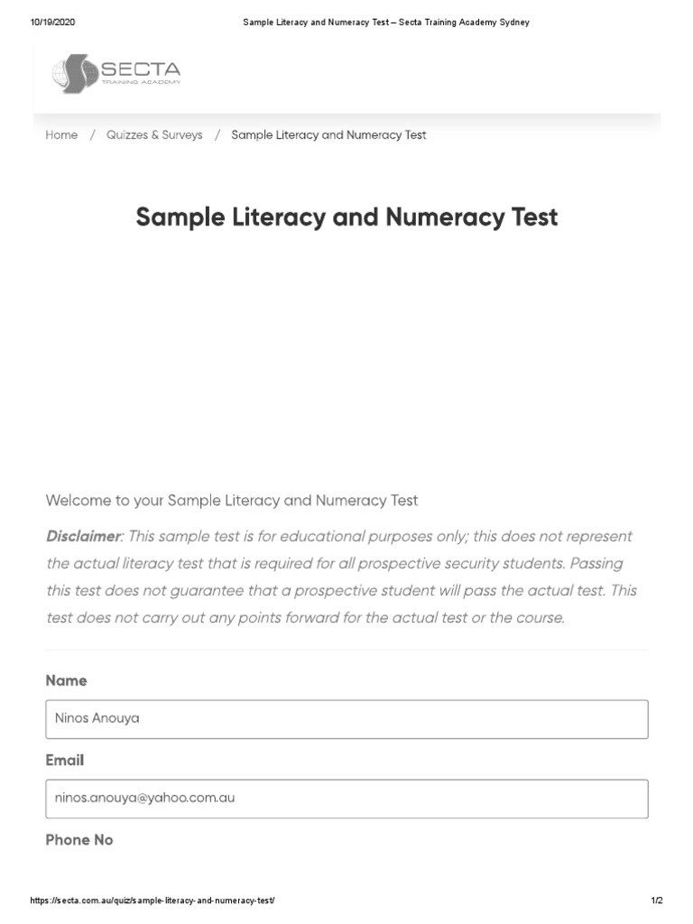 Sample Literacy and Numeracy Test - Secta Training Academy Sydney | PDF ...