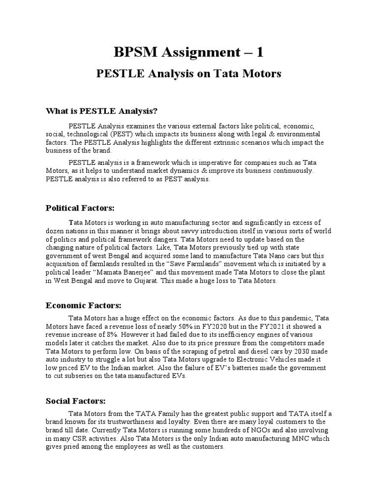 BPSM Assignment - 1: PESTLE Analysis On Tata Motors | PDF | Electric Vehicle | Car