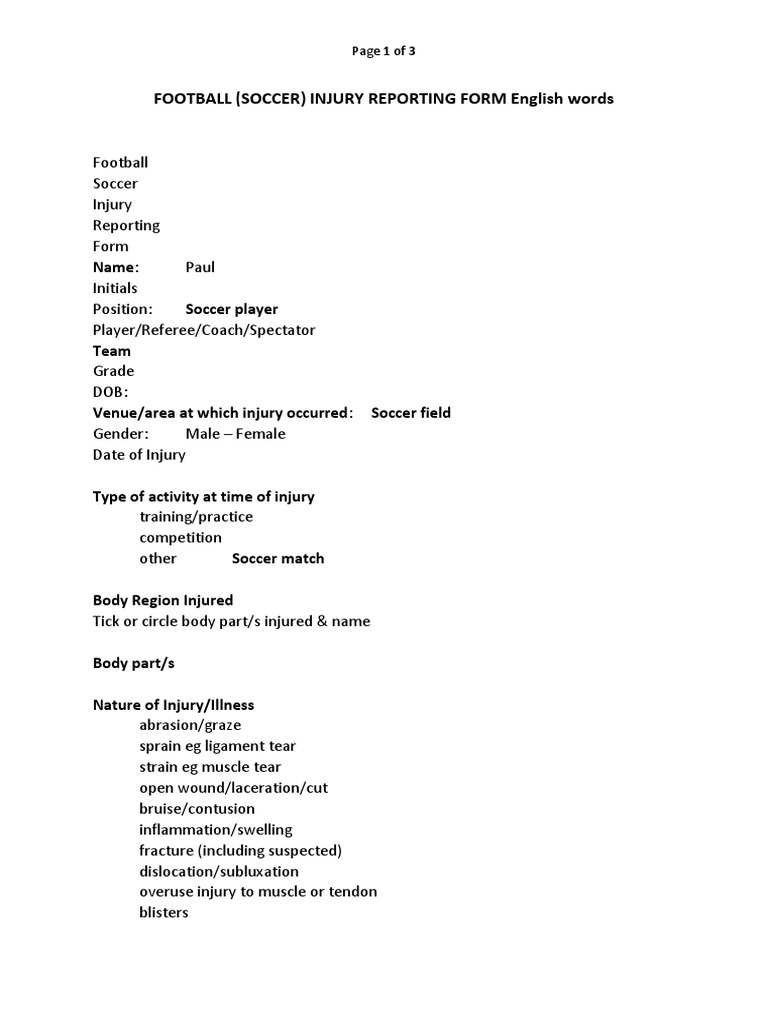 Soccer Injury Reporting Form Template | PDF | Diseases And Disorders ...