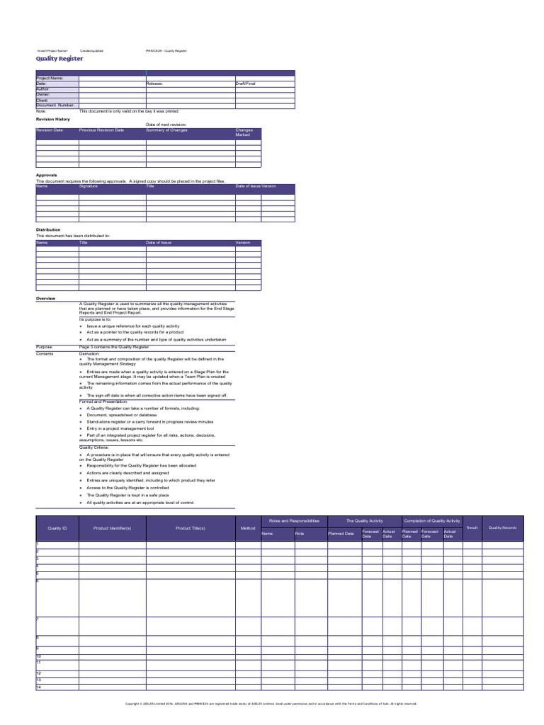 PRINCE2 Quality Register | Download Free PDF | Business | Computing
