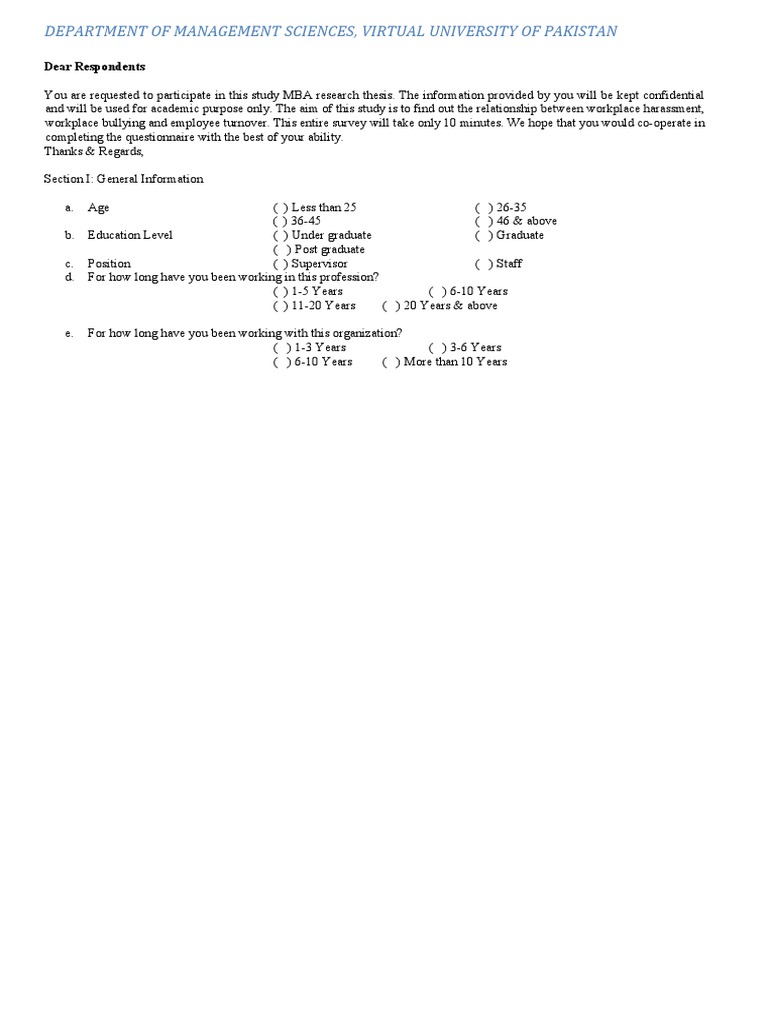 Bullying Questionnaire | PDF | Workplace Bullying | Psychological Concepts