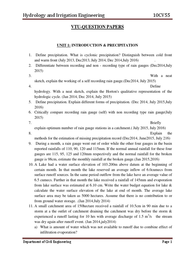 Hydrology and Irrigation Exam Questions | PDF | Drainage Basin | Flood
