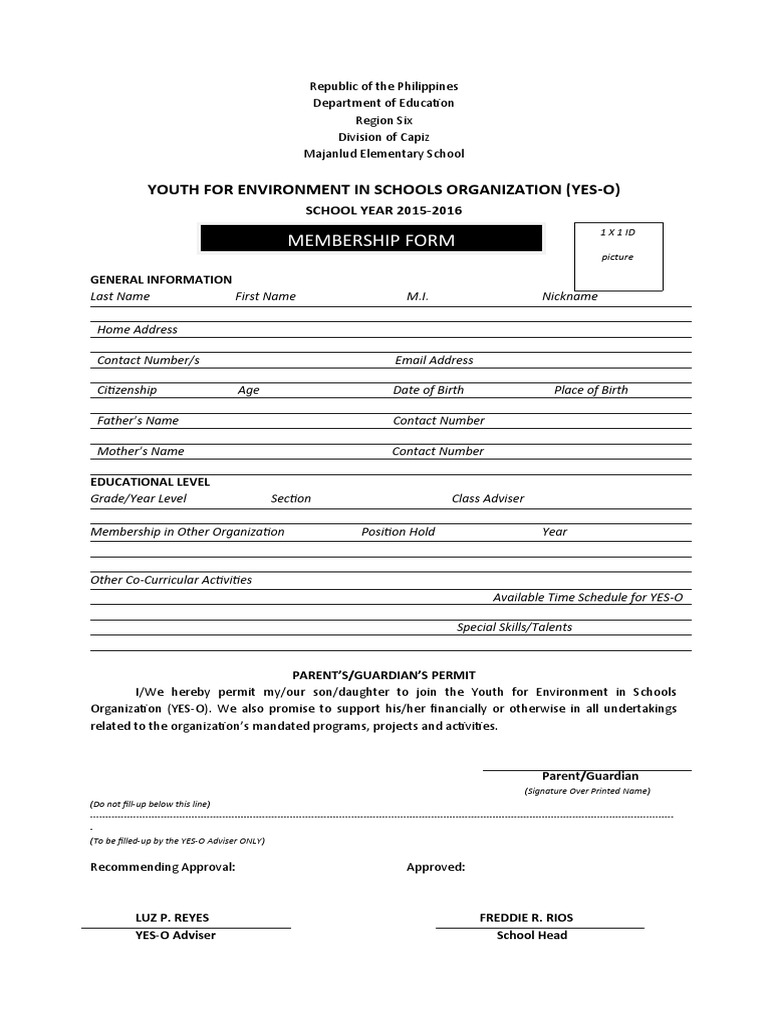 Membership Form: Youth For Environment in Schools Organization (Yes-O ...