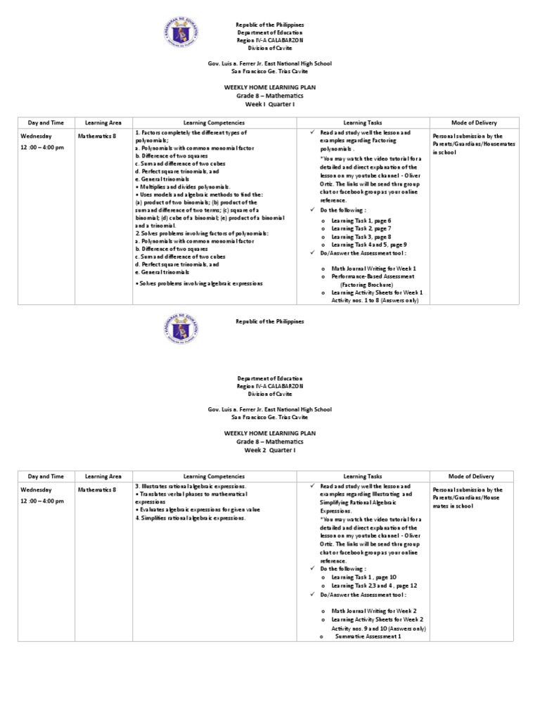 WHLP Mathematics-8 Sampaguita Final | PDF | Factorization | Polynomial
