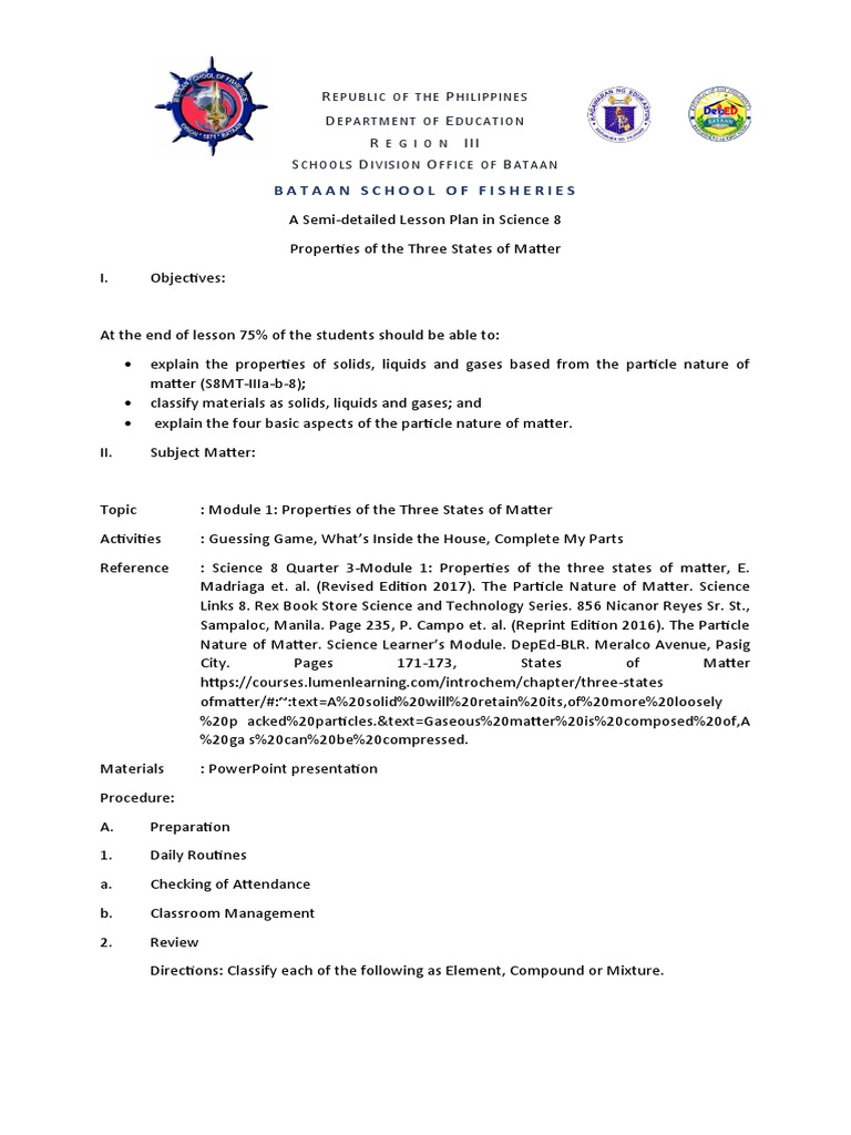 Properties of Three States of Matter (Lesson Plan) | PDF | Matter | Gases