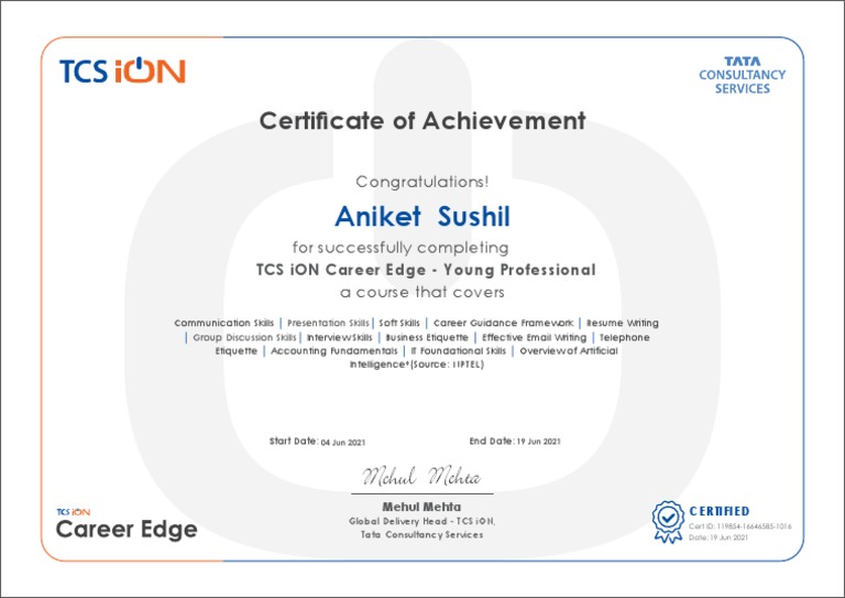 TCS iON Career Edge Certificate Achievement | PDF