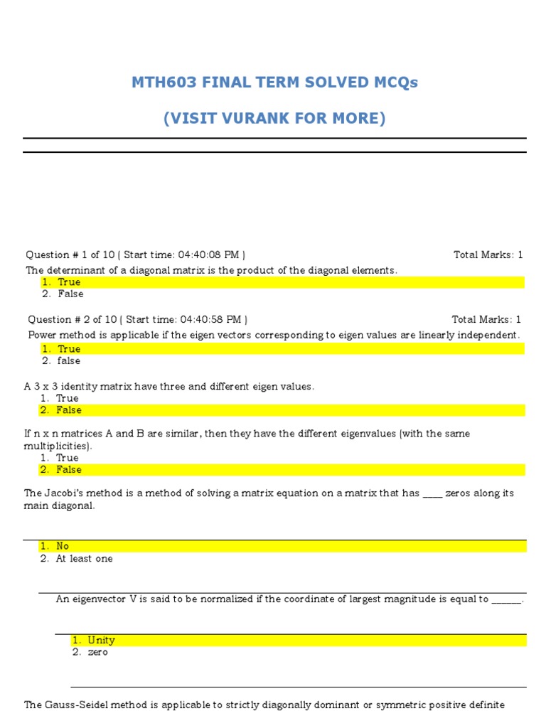 MTH603 FINAL TERM SOLVED MCQs | PDF | Eigenvalues And Eigenvectors | Matrix (Mathematics)