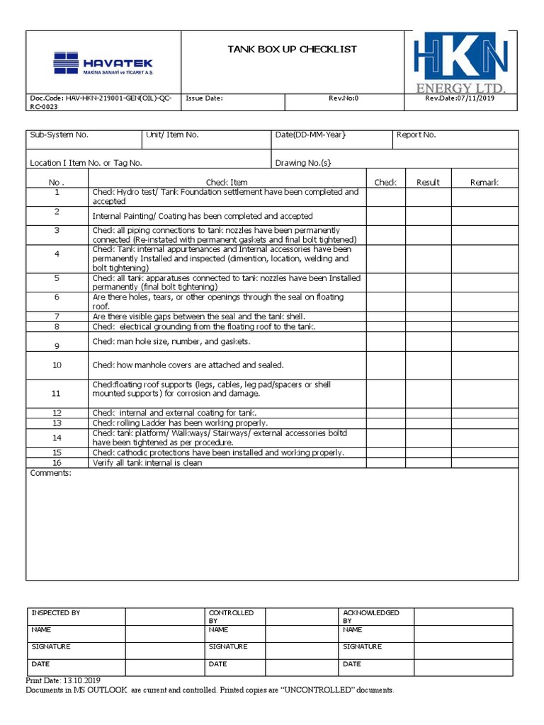 019 - Tank Box Up Checklist | PDF | Building Engineering | Industrial ...