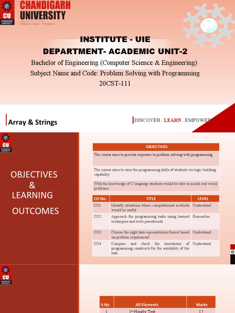 Institute - Uie Department-Academic Unit-2: Array & Strings | PDF | Matrix (Mathematics ...