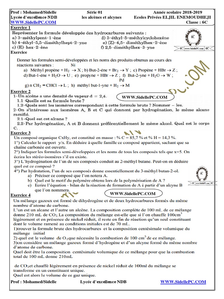 Exercices sur alcènes et alcynes PDF | PDF | Alcène | Composés chimiques