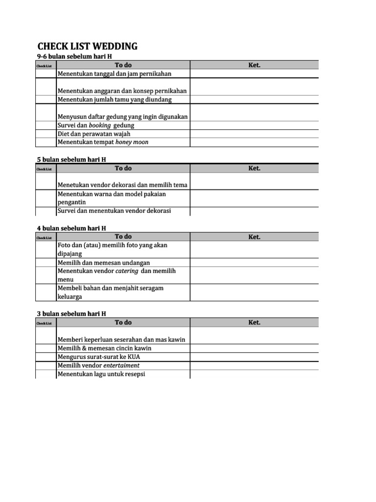 PDF Contoh Checklist Persiapan Pernikahan Untuk Calon Pengantin DL | PDF