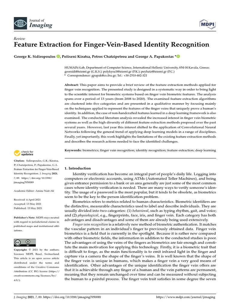 Feature Extraction For Finger-Vein-Based Identity Recognition | PDF | Biometrics | Deep Learning