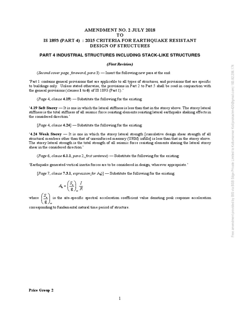 Amendment No. 2 July 2018 TO Is 1893 (Part 4) : 2015 Criteria For ...