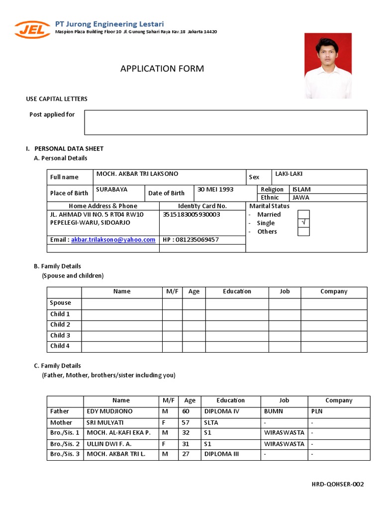 HRD-QOHSER-002 Application Form | Download Free PDF | Salary | Employment