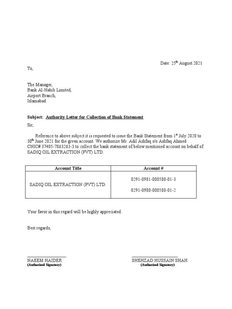 Subject: Authority Letter For Collection of Bank Statement: (Authorized ...