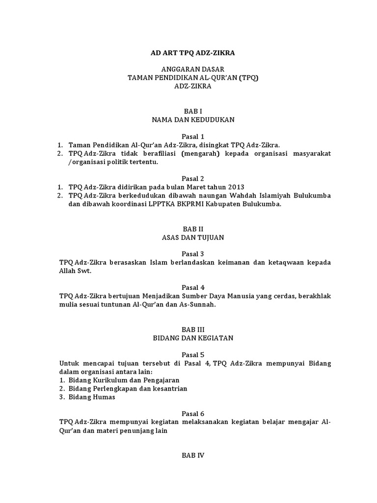 Anggaran Dasar TPQ Adz-Zikra Bulukumba | PDF