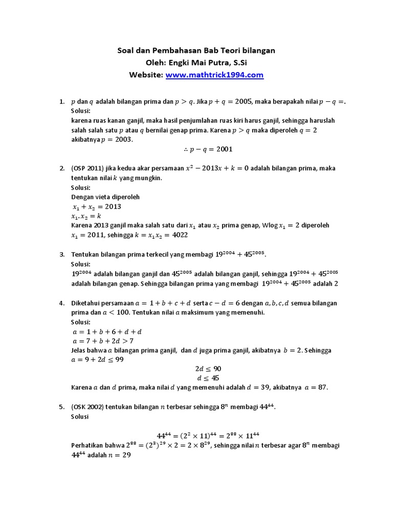Soal Dan Solusi Olimpiade Matematika Teori Bilangan Dan Aljabar | PDF