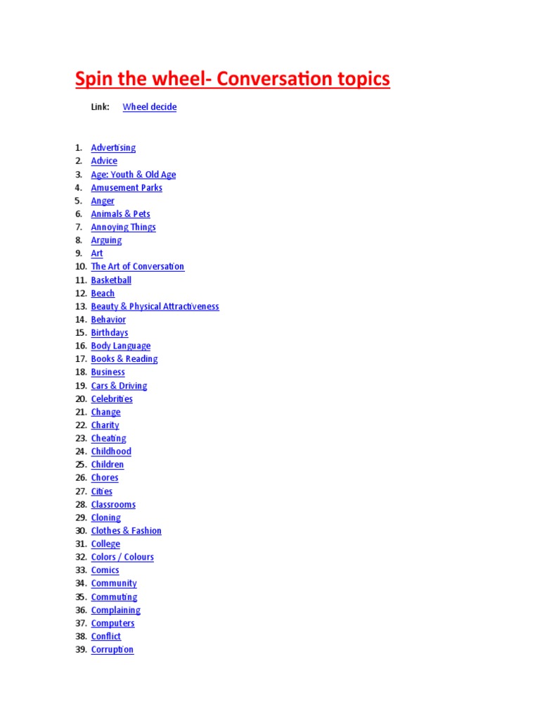 Spin The Wheel-Conversation Topics: Link | PDF